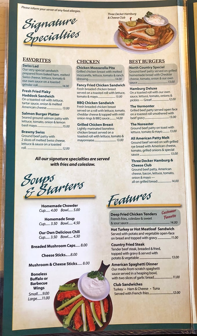 This menu reads like a greatest hits album of comfort food, featuring everything from all-day breakfast to towering sandwiches that require architectural planning to eat.