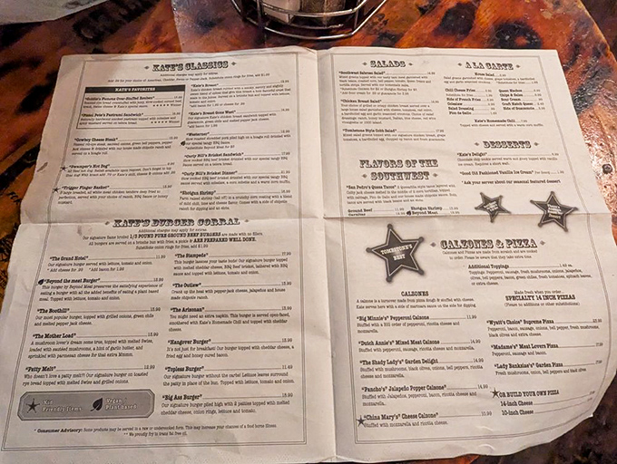 The menu reads like a Western novel where every character is delicious &ndash; from outlaw burgers to frontier-sized calzones.