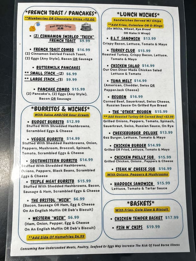 The menu that launched a thousand road trips, featuring everything from fluffy pancakes to hearty lunch sandwiches.