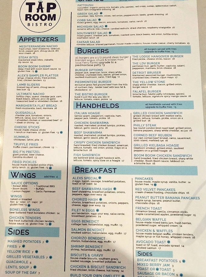 Taproom Bistro menu: From Mediterranean nachos to red velvet pancakes, this menu laughs in the face of typical gas station fare with globally-inspired comfort food.