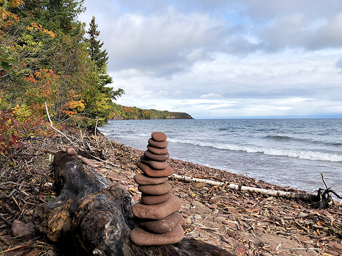 Nature's perfect stack of stones marks the Lake Superior shoreline &ndash; someone's moment of zen left for others to discover.