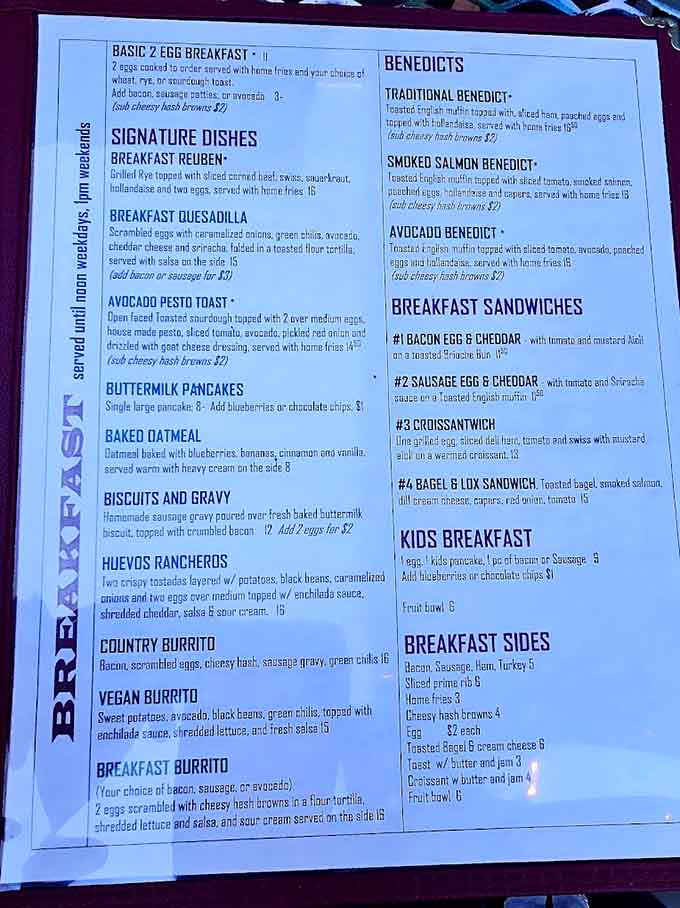 The menu offers enough variety to satisfy everyone from traditional breakfast lovers to adventurous eaters seeking something different.