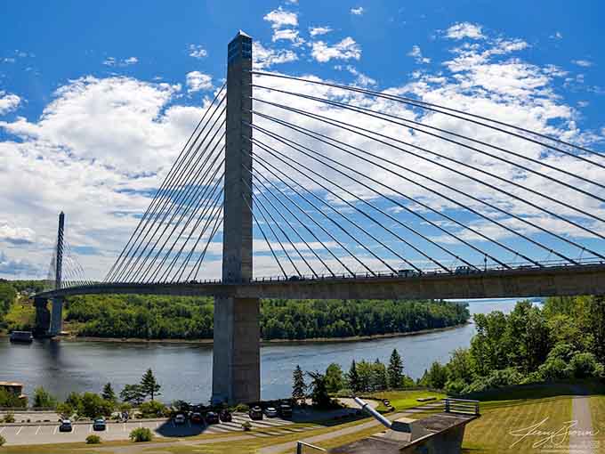 Those cables aren't just holding up a bridge, they're creating geometric art against the Maine sky.