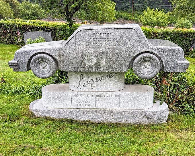 Vrooom with a view! Armand "Louie" Laquerre races into eternity with this remarkably detailed granite stock car monument.