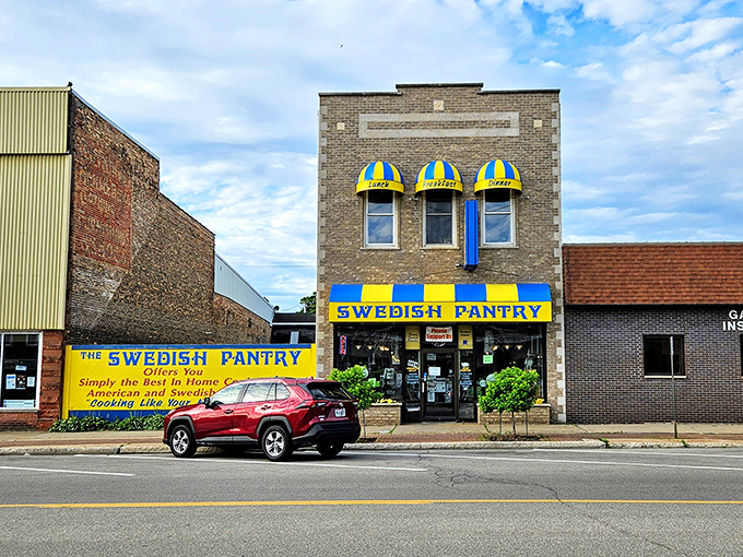 The Swedish Pantry's bright blue and yellow exterior promises authentic Scandinavian flavors inside &ndash; those pancakes alone are worth the trip!