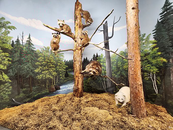 Family of raccoons frozen in mischievous perpetuity &ndash; their tree-climbing antics capturing that perfect moment when curiosity meets opportunity in the forest.