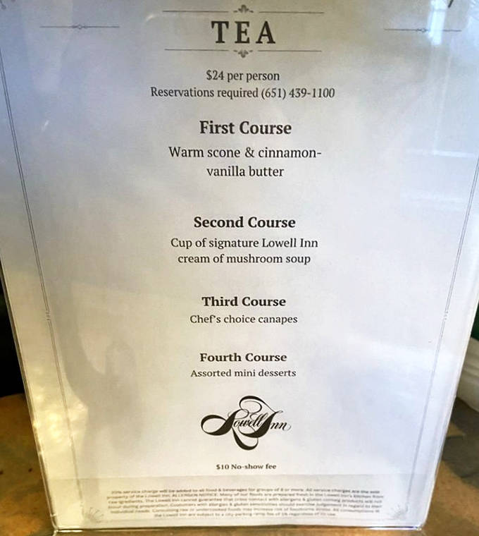 The afternoon tea menu promises a four-course journey through tradition &ndash; from warm scones to signature mushroom soup, culminating in a parade of miniature desserts.