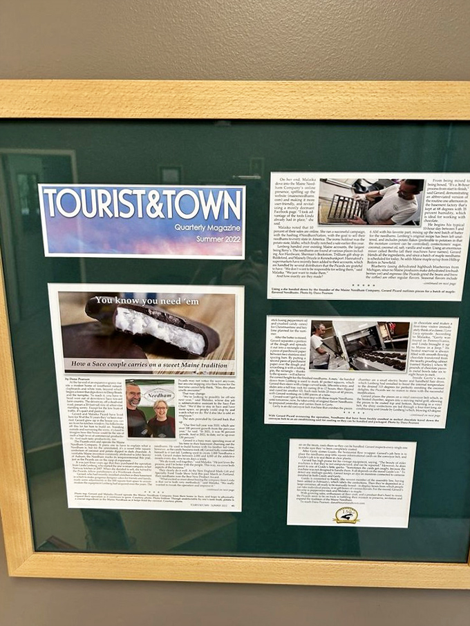 Local fame captured in print – a framed article tells the sweet story of Maine's beloved potato candy tradition.