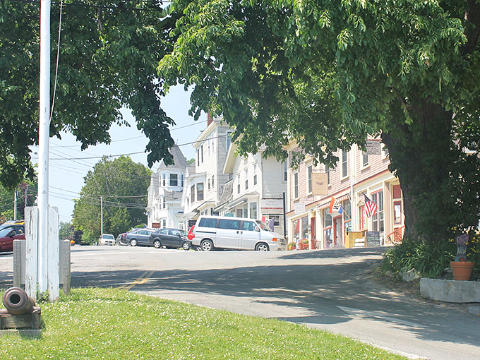Main Street slopes invitingly toward the water, its historic buildings housing small businesses that have never seen a franchise agreement.