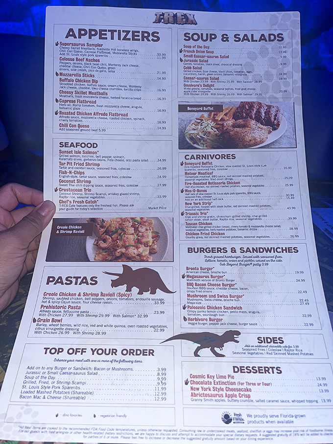 The menu offers everything from "Supersaurus Samplers" to "Bronto Burgers" &ndash; prehistoric portions for modern appetites.