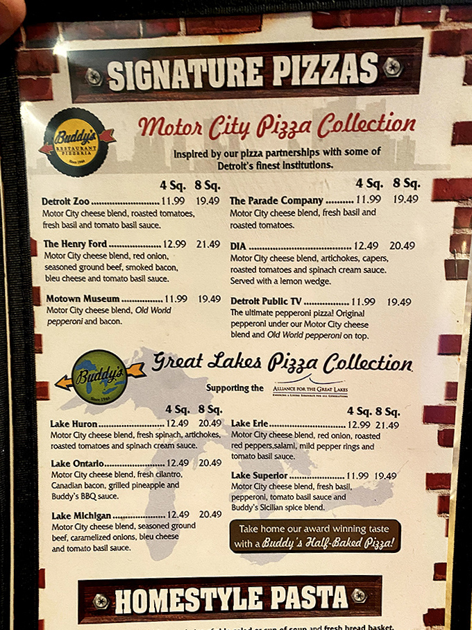 The menu reads like a love letter to Detroit, with pizzas named after local landmarks. It's geography you can eat!