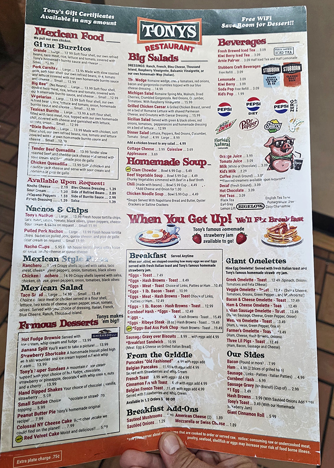The menu at Tony's reads like a fantasy novel for food lovers &ndash; giant burritos, pound-of-bacon BLTs, and pancakes that could double as frisbees.