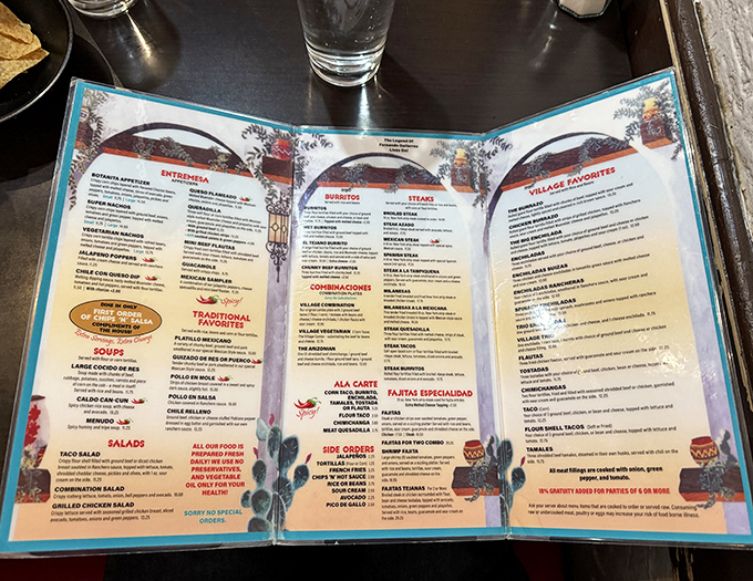 A colorful menu showcases generations of culinary tradition, with specialties that have satisfied Detroit diners for decades.