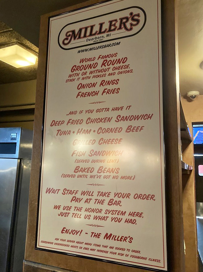 The menu board says it all. Ground round, a few sandwiches, and sides. No fancy descriptions needed when you've perfected simplicity.