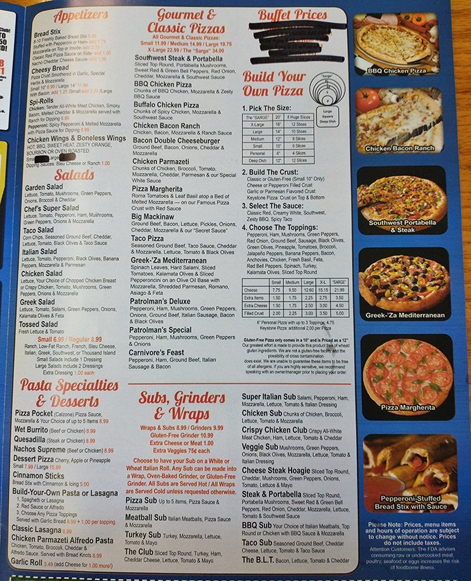 The menu reads like a love letter to pizza enthusiasts, with creative options from classic pepperoni to adventurous specialty pies.