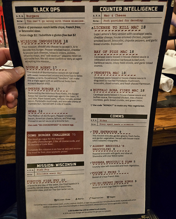 The classified menu dossier reveals mission-critical information about burgers, mac & cheese, and other covert culinary operations.