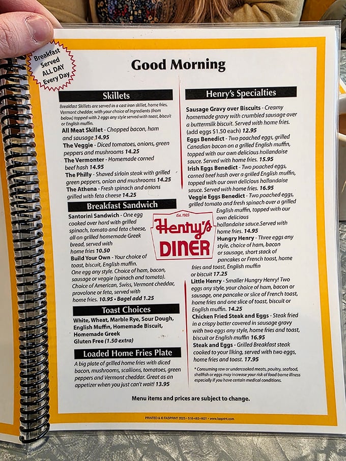 This menu proves that breakfast doesn't need a novel's worth of description, just honest food with names you can actually pronounce without a culinary degree.