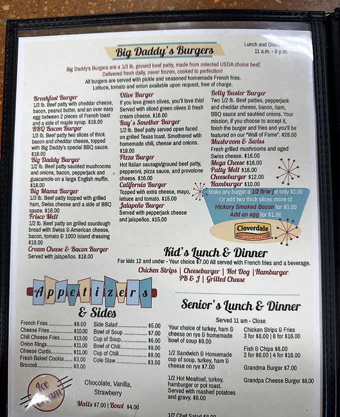 A treasure map of burger bliss, this menu doesn't need fancy descriptions when the food speaks volumes through half-pound patties and creative toppings.