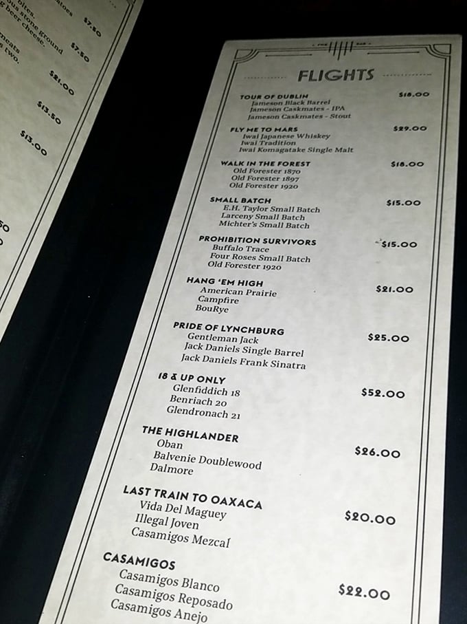 Not just drinks, but journeys: The flights menu offers themed tastings that tell stories through spirits, from whiskey history to mezcal adventures.