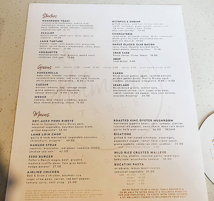 The menu tempts with sophisticated offerings from mushroom toast to wild rice crusted walleye, each dish crafted with care.