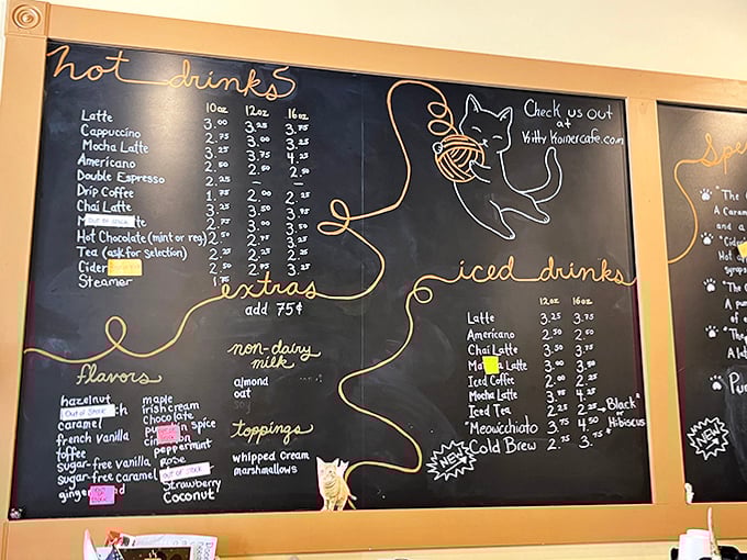The menu board showcases artistic flair with playful cat illustrations dancing around drink options.