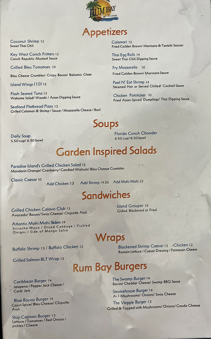 The menu at Rum Bay Restaurant tempts with coastal delights from Coconut Shrimp to Caribbean-spiced burgers – decisions, decisions!