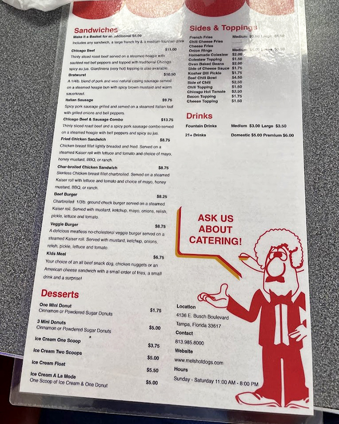 The menu at Mel's reads like a love letter to hot dog aficionados, offering everything from Chicago classics to creative specialties.