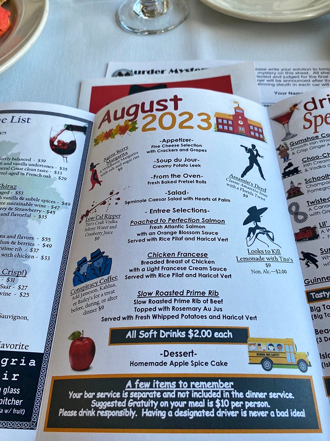 August's menu tempts with poached salmon, slow-roasted prime rib, and chicken francese &ndash; fuel for hungry detectives with mysteries to solve.