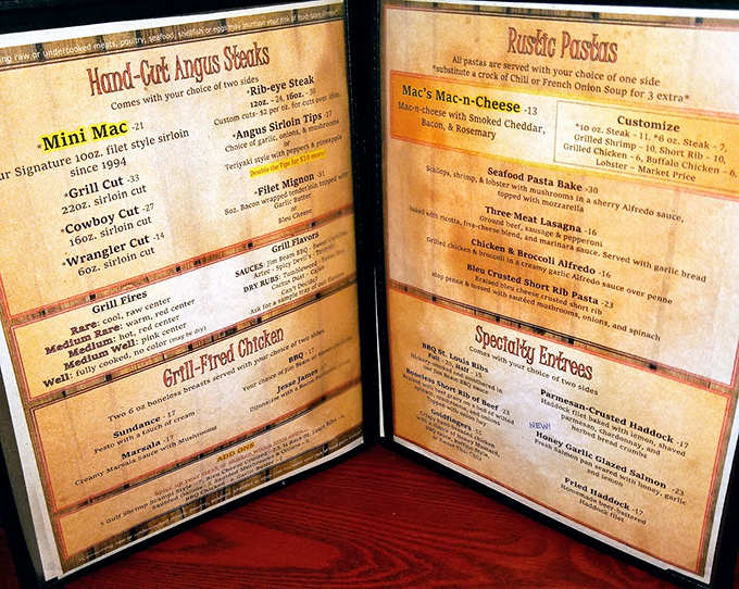 The menu tells tales of hand-cut Angus steaks and homestyle favorites &ndash; each page a roadmap to satisfaction for hungry explorers.