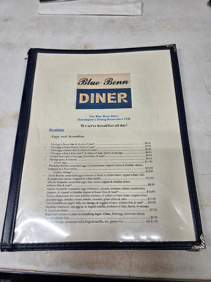 The menu at Blue Benn offers breakfast all day, featuring everything from simple egg plates to creative omelets that satisfy both traditionalists and adventurous eaters.