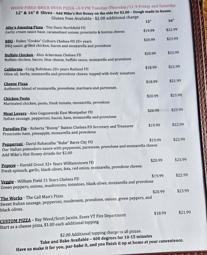 The pizza menu honors local firefighters with creative combinations like this BBQ masterpiece, featuring smoky-sweet sauce that would make any pitmaster proud.