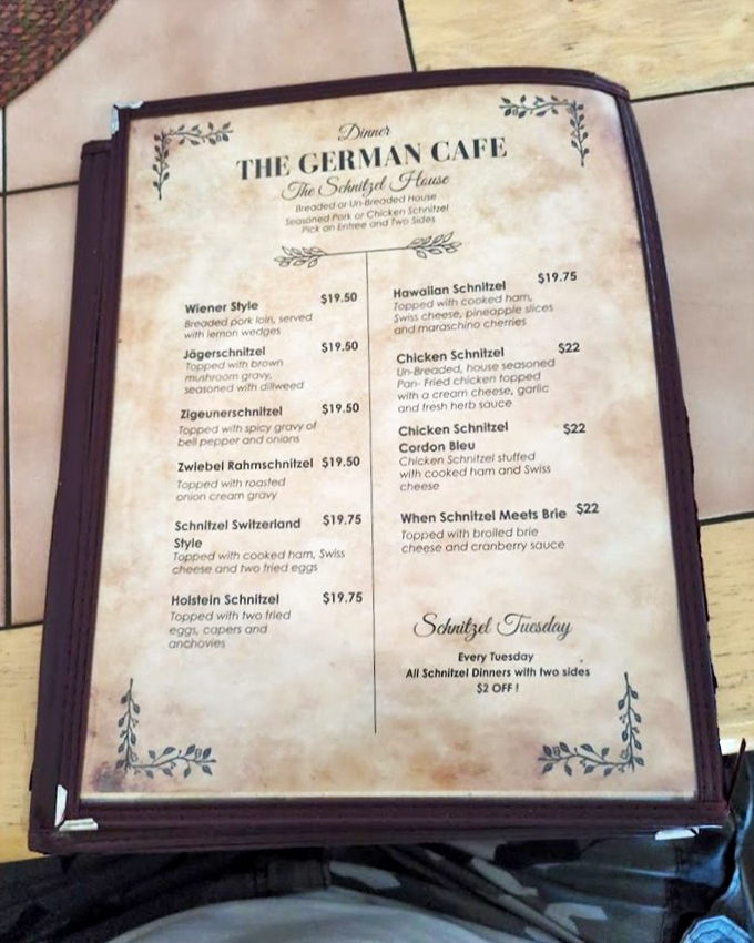 The menu reads like a love letter to German cuisine &ndash; each schnitzel variation promises its own delicious adventure across the flavor landscape.