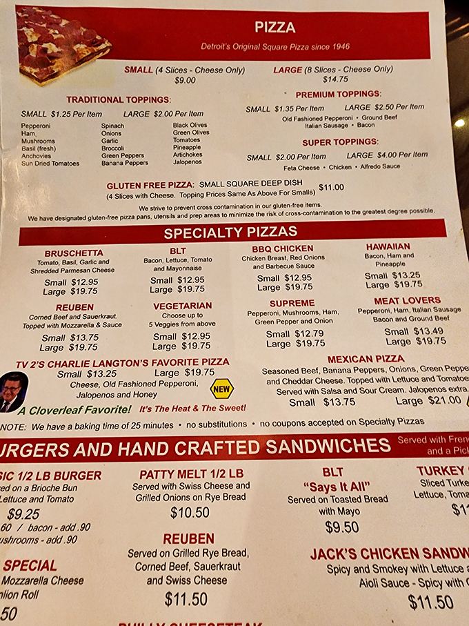 The menu tells the story of Detroit-style pizza evolution, with options ranging from traditional toppings to creative specialty combinations that challenge pizza conventions.