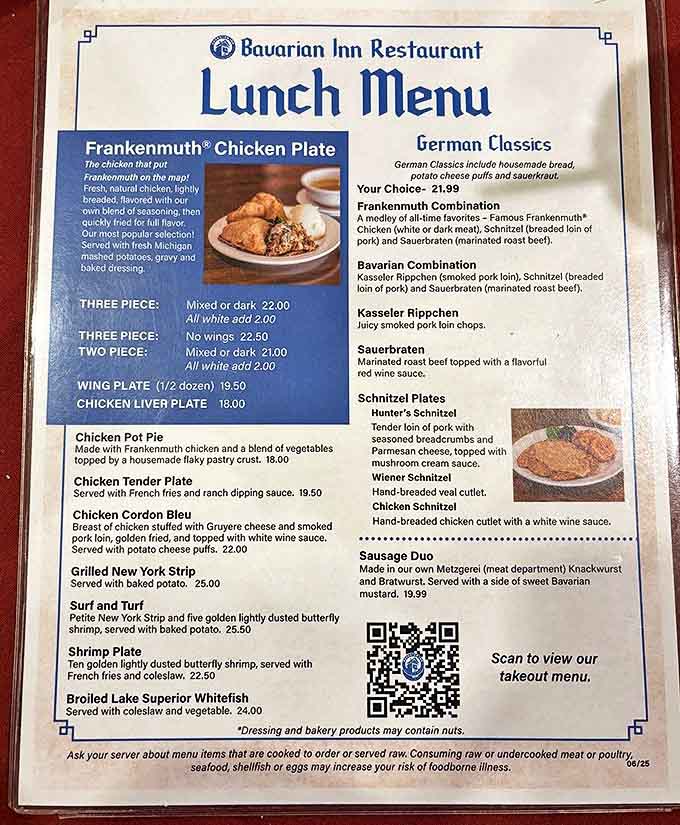 The menu reads like a love letter to German cuisine, featuring famous Frankenmuth chicken, schnitzel varieties, and traditional sides that would make any Bavarian proud.