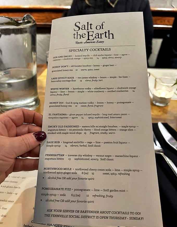 The cocktail menu reads like poetry for the parched, with creations like "Sun and Smoke" and "Lake Effect Sour" telling stories in every sip.