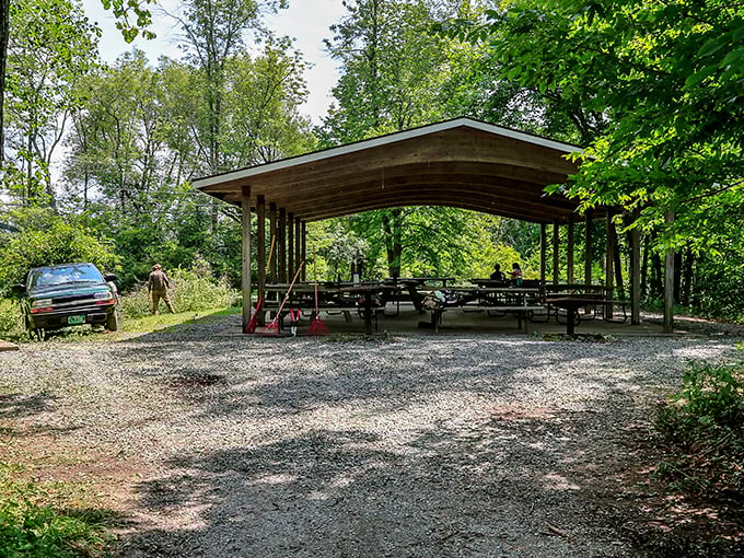 Rustic shelter perfection &ndash; this picnic pavilion offers shade for family gatherings while keeping you connected to the surrounding woodland.