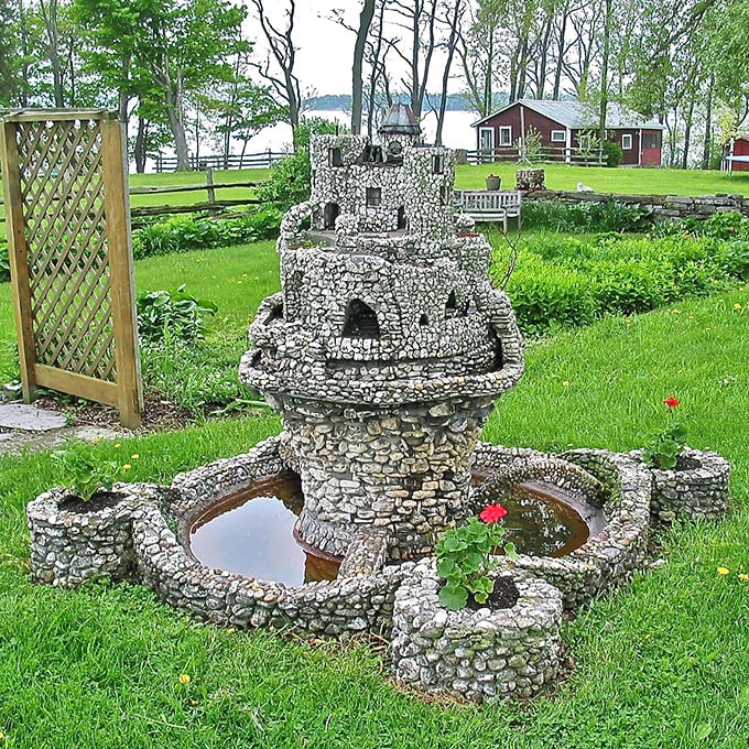 Lakeside fantasy: This castle fountain combines flowing water with meticulous stonework, creating a magical focal point by Lake Champlain.