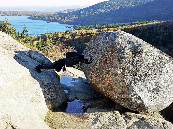 Sunshine illuminates Bubble Rock's precarious perch, creating the perfect backdrop for the obligatory "I'm-totally-pushing-this-thing-over" photo op.