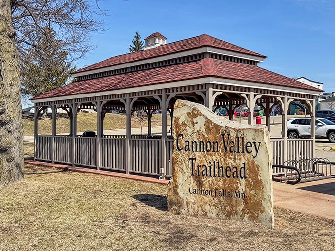 The welcoming Cannon Valley Trailhead pavilion stands ready for visitors, its rustic charm perfectly matching the natural surroundings.