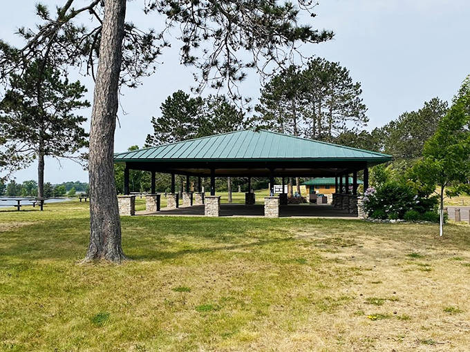 The covered pavilion at Island Lake Park provides a perfect picnic spot with lake views, offering families a budget-friendly place to gather and relax.