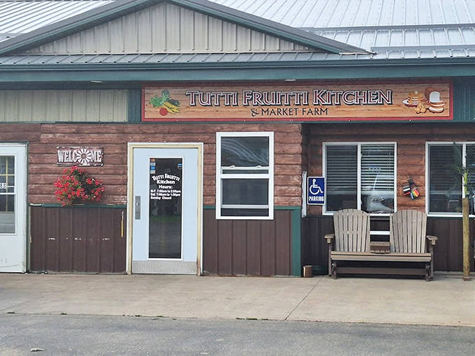 Welcoming Adirondack chairs invite you to sit and stay awhile at Tutti Fruitti Kitchen. The flower pots and "WELCOME" sign make this Sauk Centre eatery feel like coming home.