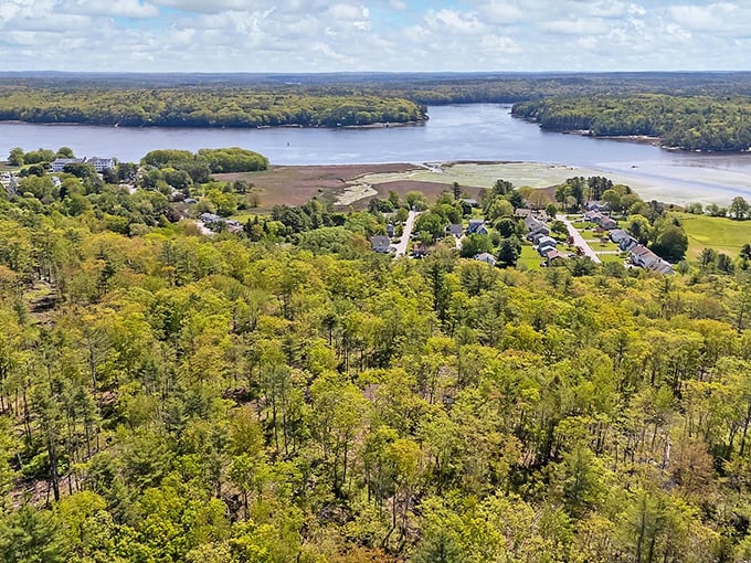 Bath's riverside charm unfolds from above, with the Kennebec River flowing past this historic shipbuilding town.