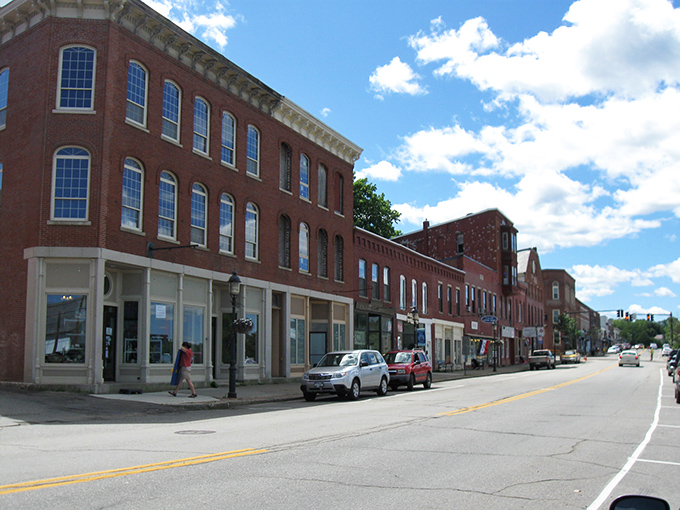 Calais' historic red brick downtown maintains its 19th-century character, with classic storefronts lining the quiet main street.
