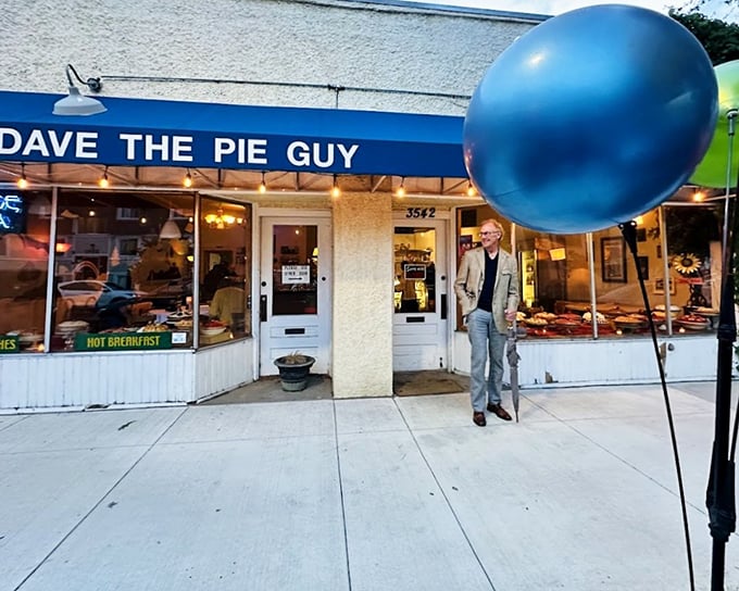 Dave the Pie Guy's storefront announces its sweet mission with a blue balloon that seems to celebrate the joy of perfectly baked pie.