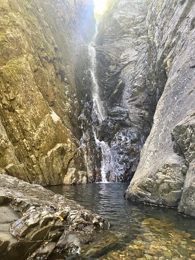 Step into a postcard at Dunn Falls, where water dances over sun-dappled rocks beneath towering pines.