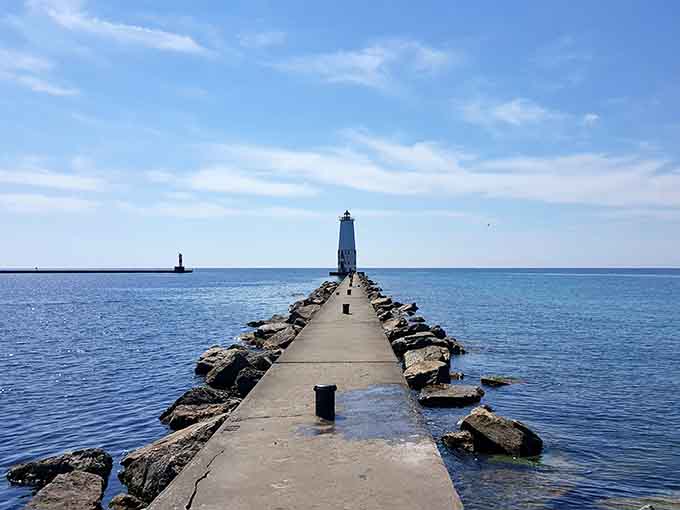 Walking out to Frankfort's lighthouse feels like an adventure, with waves splashing and the promise of amazing photos at the end.