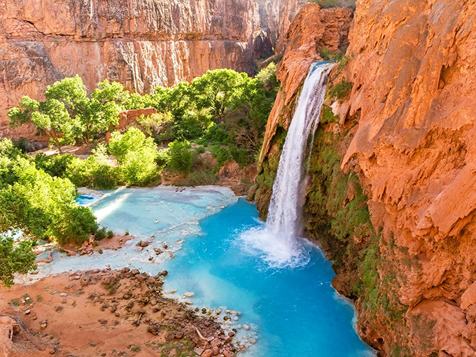 Havasu Falls' turquoise waters cascade dramatically against red canyon walls, creating a desert oasis that seems too beautiful to be real.