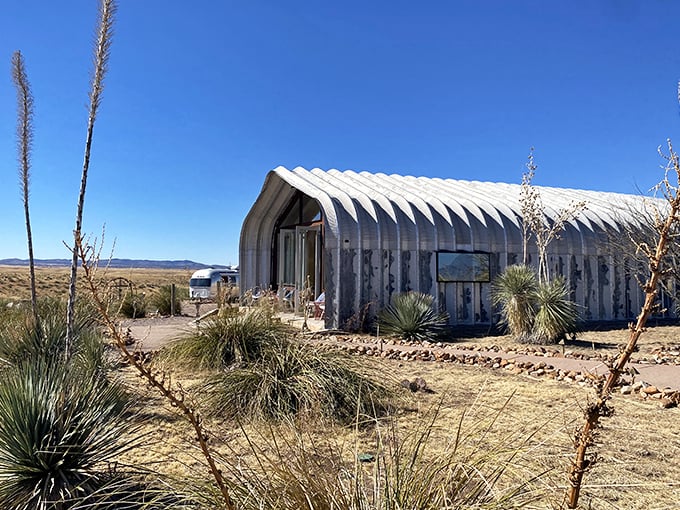 Rune Wines' distinctive curved-roof tasting room stands like a modern art installation against the vast desert landscape and endless blue sky.