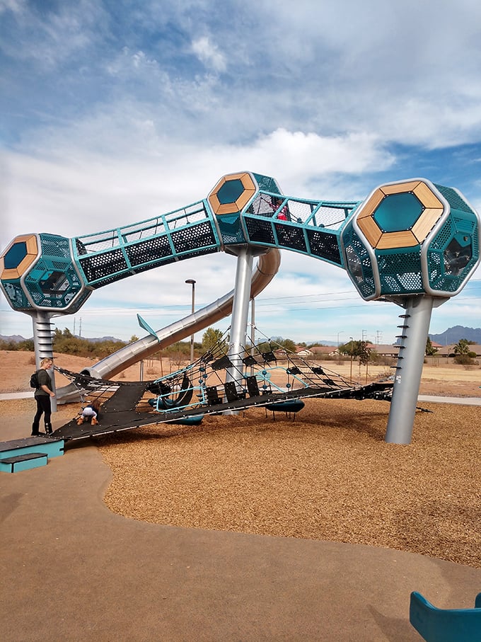 Signal Butte Park's futuristic playground pods look like they landed from outer space. Kids become astronauts exploring alien terrain.