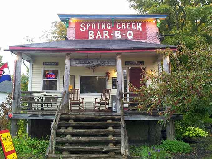 This cozy front porch in Monson is where you'll want to sit and digest some seriously good barbecue.